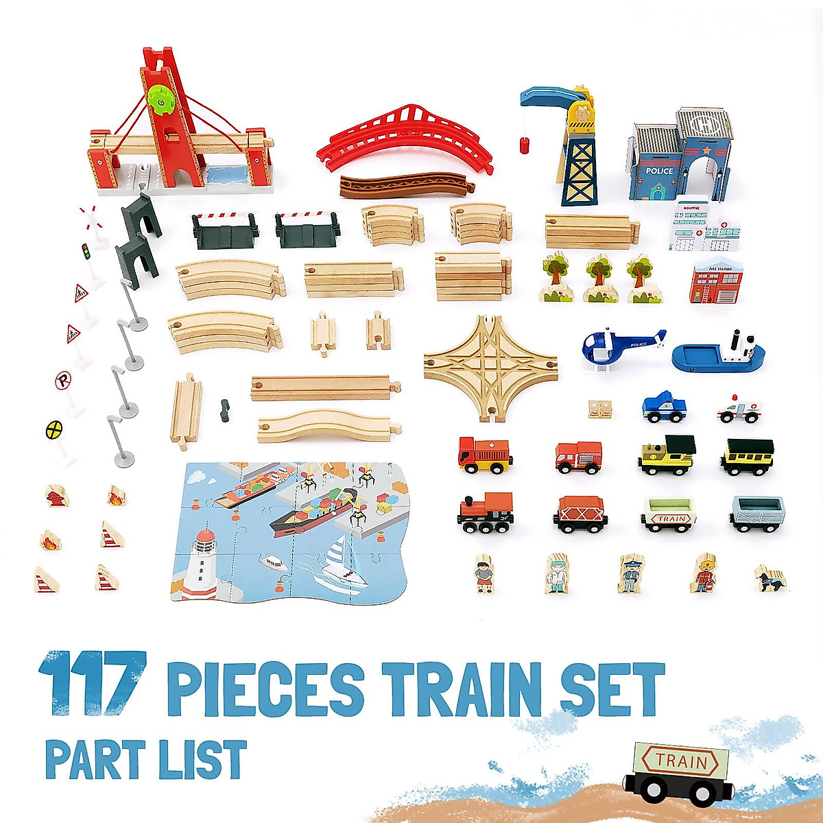 Giant bean 70PCS Wooden Train Set with Battery Locomotive Fits Thomas, Brio, Chuggington, Melissa Tracks, Expandable Toys for 3+ Years Old Girls & Boys