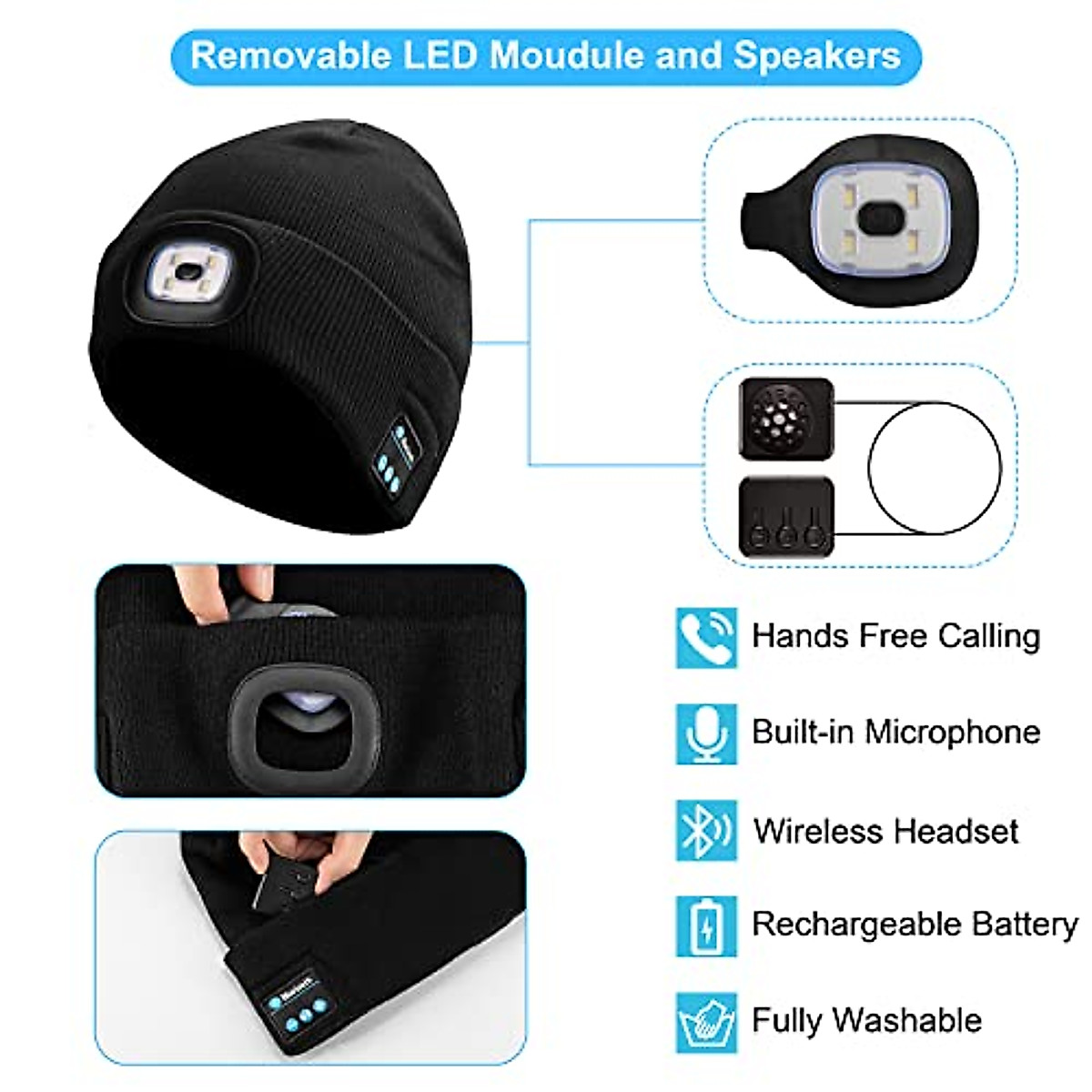 Ocatoma Bluetooth Beanie Warm Hat with Light Headphone Unique Tech Gifts for Men Dad Him Teenage Christmas Stocking Stuffers Black