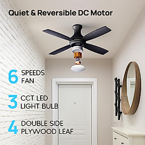 Consciot 52 Inch Ceiling Fan With Lights, Modern Black Ceiling Fan, Remote Control, Quiet Reversible DC Motor, Flush Mount, Dimmable 3CCT LED Light, Double Finish Blade, For Indoor Bedroom Living Room