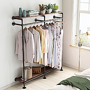IronJiaZu Industrial Pipe Clothes Racks with 2 Shelves, Industrial Pipe Black Clothing Rack with Double Hanging Rods, Heavy Duty Wall Mounted Clothing Rack Rod for Closet Storage, Bedroom