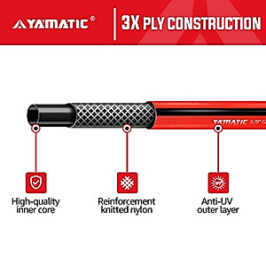 YAMATIC Garden Hose 50 ft,Ultra Durable Water Hose, 5/8 inch Premium Hose with Solid Brass Connector for All-Weather Outdoor, Car wash, Lawn, Red