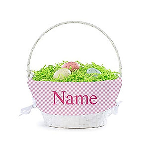 Personalized Easter Egg Basket with Handle and Custom Name | Pink Gingham Easter Basket Liners | White Basket | Woven Easter Baskets for Kids and Adults | Customized Easter Basket | Gift for Easter