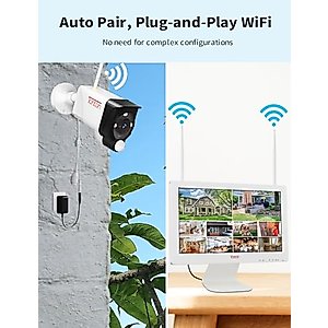 [2K&2 Way Audio&Dual WiFi] Tonton Wireless All-in-One Ultra HD Security Camera System with 16 Inch 5MP Monitor,10CH NVR with 1TB HDD,4PCS 3MP Outdoor Bullet IP Floodlight Cameras with PIR,Plug & Play