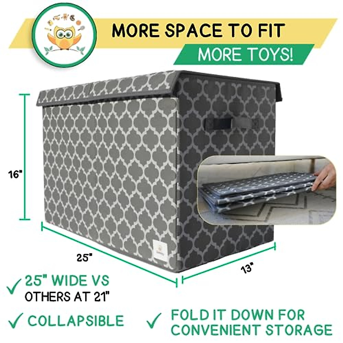 DaWikity Kids Toy Chest - Collapsible Toy Bin for Nursery, Bedroom, Living Room & Playroom Organization and Storage - Toy Box with Lid, Hook-and-Loop Fastener, Spacious Compartment - 25x16x13, Grey