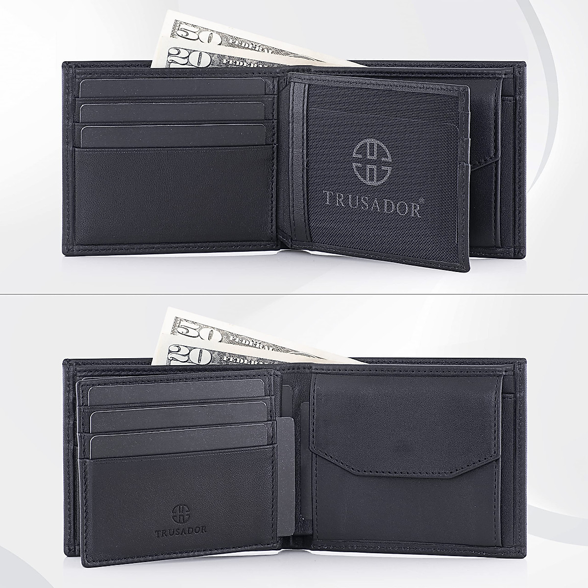 TRUSADOR Treviso Mens Wallets Bifold Leather with Coin Pocket Rfid Blocking (Black)