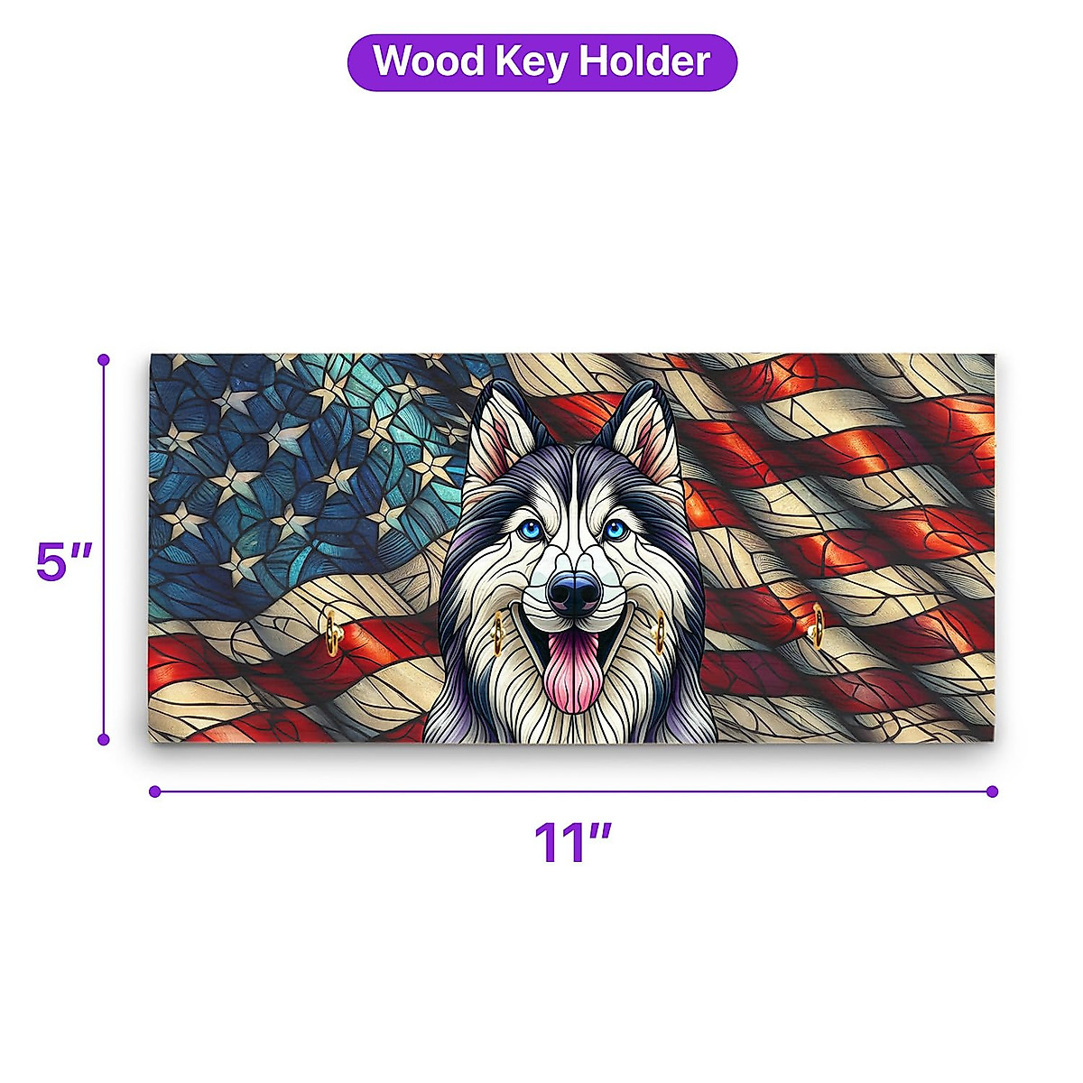 Ninety3POD Patriotic Siberian Husky Stained Glass Portrait American Flag Wood Key Holder Husky Dog Lover Gifts Wall-Mounted Key Rack Home Decor - 010