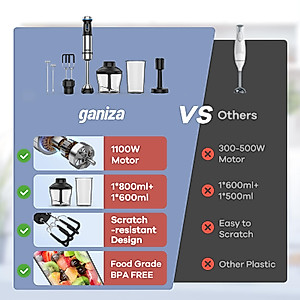Ganiza Immersion Blender, 6 in 1 Hand Blender Stainless Steel Blade, 15 Speed Stick Blender Electric, Immersion Blender Handheld with 800ml Mixing Beaker, 600ml Chopper, Whisk, Frother, Potato Masher