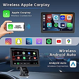 Hikity 7 Inch HD Portable Wireless Apple Carplay and Android Auto Screen, Bluetooth Car Stereo with Airplay Siri AUX USB FM Transmitter Backup Camera for All Vehicles