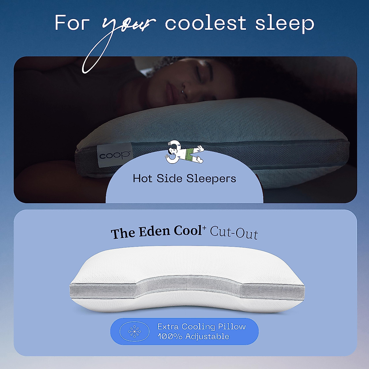 Coop Home Goods Eden Cool+ Cut-Out Adjustable Pillow Queen with Cooling Gel & Shoulder Cut-Out for Head Support, Side Sleeper Pillow, Neck Support for Sleeping, CertiPUR-US/GREENGUARD Gold