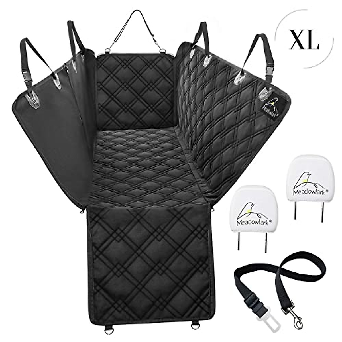 Meadowlark XL Premium Hammock Dog Car Seat Cover Back Seat, Dog Cover Car Seat Protector, Non-Slip, Dog Stuff, Anti Shock, Water Repellant, Pet Car Seat Cover for Dogs w/Seat Belt & 2 Headrest Covers
