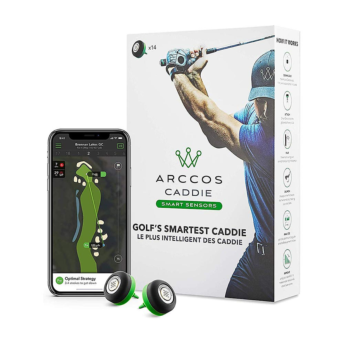 Arccos Smart Sensors (3rd Gen) Bundle - Set of 14 Golf Shot Tracker System, A.I. GPS Rangefinder, On-Course Swing Analyzer - Includes PlayBetter Portable Charger
