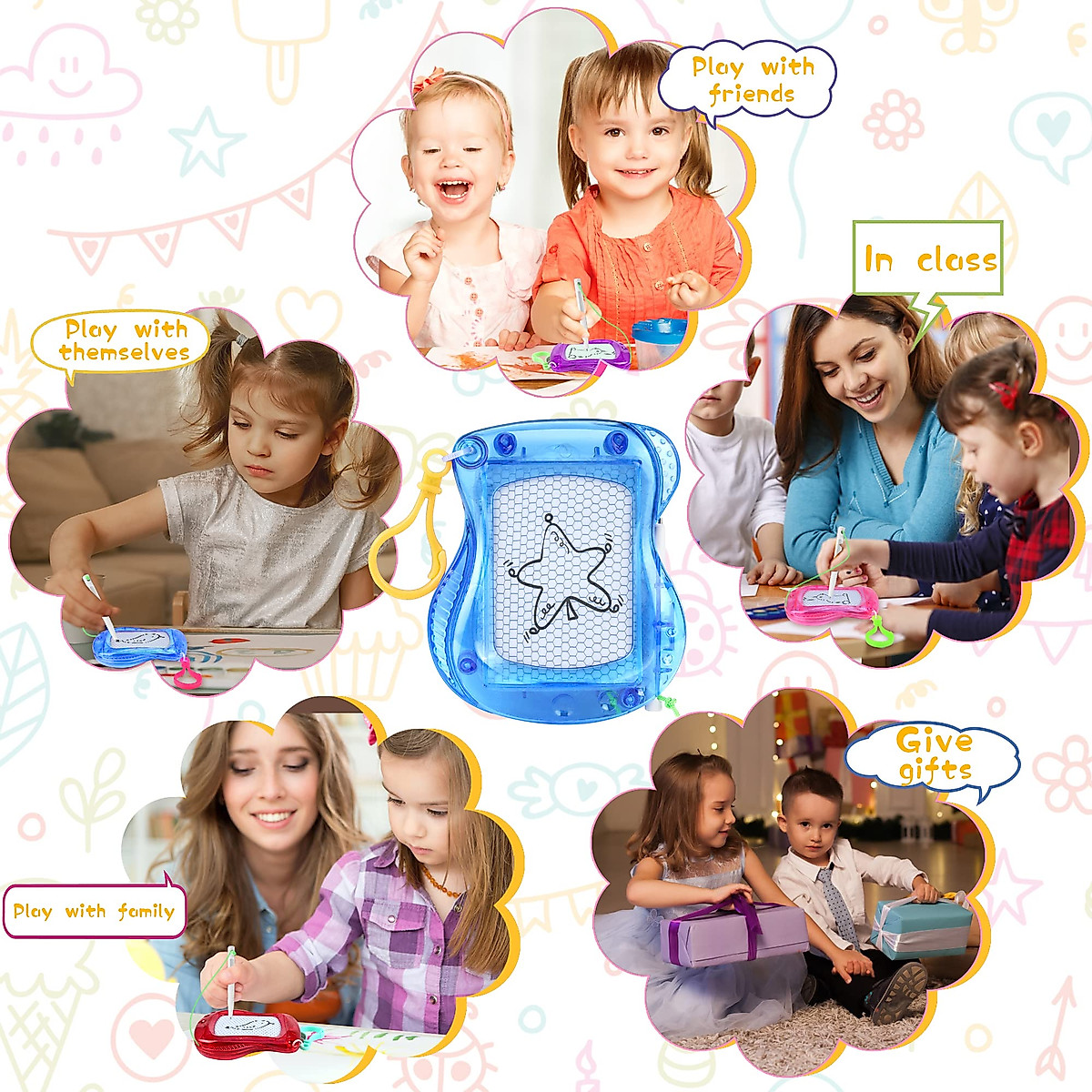 16 Pack Mini Magnetic Drawing Board for Kid(6 Colors), Erasable Doodle Sketch and Writing Pad, Backpack Keychain Clip Doodle Drawing Boards, Birthday Party Favor for Boys and Girls