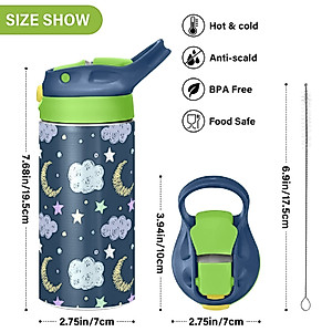 ALAZA Good Night Colorful Stars Moon Kids Water Bottles with Lids Straw Insulated Stainless Steel Water Bottles Double Walled Leakproof Tumbler Travel Cup for Girls Boys Toddlers 12 oz,Green