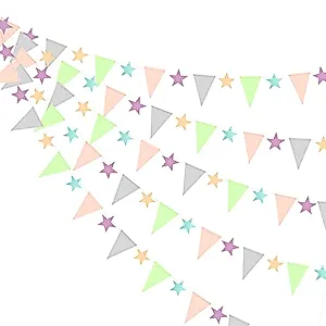 30Ft Pastel Banner Stars Garland Triangle Flag Pennant Bunting Streamers for Kids Birthday Party Backdrop for Baby Shower Nursery Unicorn First Birthday Home Wedding Bridal Shower Decor (Macaron)