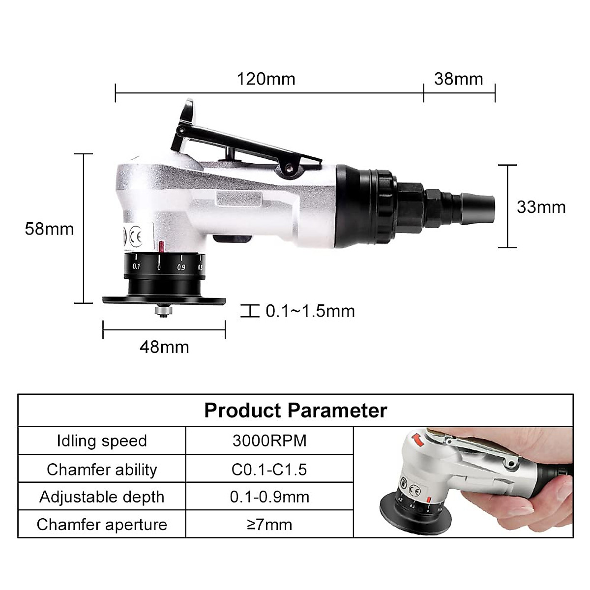 AUGUSTTOOLS Mini Pneumatic Chamfering Machine, Portable Handheld 45 Degree Arc Air Chamfer Tool for Metal Trimming and Deburring