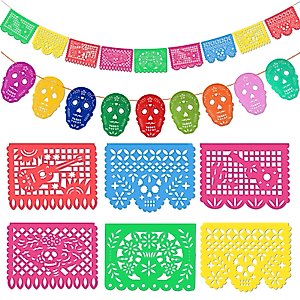 HOWAF 2 Pcs Plastic Papel Picado Mexican Fiesta Banners Day of The Dead Skull Bunting Banner Halloween Dia De Los Muertos Mexicano Banners for Cinco De Mayo Decorations Mexican Party Supplies