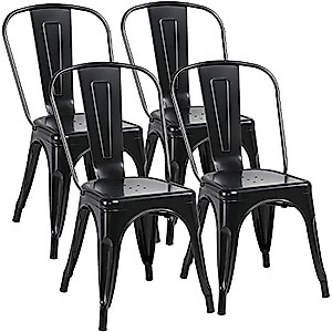 Yaheetech Iron Metal Dining Chairs Stackable Side Chairs Bar Chairs with Back Indoor/Outdoor Classic/Chic/Industrial/Vintage Bistro Cafe Trattoria Kitchen Restaurant Matte Black, Set of 4