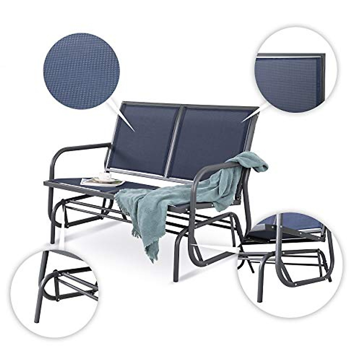 Nuu Garden 2 Seats Outdoor Glider Bench Patio Glider Swing Chair with Powder Coated Steel Frame and Breathable Seat Fabric Outdoor Loveseat, Blue