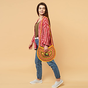 North Creed Crossbody Elephant Flora Embroidery Shoulder Bag, Indian Ethnic Travel Handbag with Zipper Pocket- Yellow