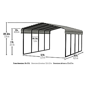 Arrow Shed 12 x 20 x 7-Foot Heavy Duty Galvanized Steel Metal Multi-Use Shelter, Shade, Carport, 12' x 20' x 7', Charcoal color