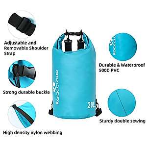 ROCK CLOUD Dry Bag Waterproof 20L Dry Sack for Kayaking Rafting Boating Beach Surfing Swimming Canoe Camping Hiking Fishing Ski, Lake Blue