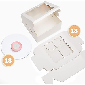 Bakepacker 36pcs 10x10x5 inches Cake Boxes with Window 18-Packs 10 Inch White Bakery Boxes (18 Cake Boxes +18 Cake Boards+10 Meters Silk Ribbon Includes Included)
