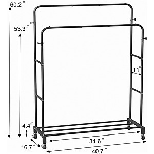 Sooyee Double Rod Clothing Rack with Wheels,3 Tier Garment Racks for Hanging Clothes,Portable Clothes Rack with 4 Hooks for Bedroom,Laundry Room,Black