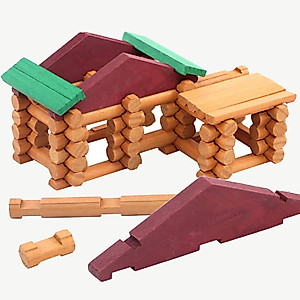 Wondertoys 90 Pieces Classic Wood Cabin Logs Set, Building Log Toy for Children, Farm House Construction Educational Toys for 3 4 5 6 Years Old