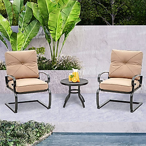 Crownland 3 Piece Patio Furniture Outdoor Bistro Set Metal Action Lounge Cushioned Chairs and Bistro Round Table Set, Wrought Iron Cafe Furniture Set,Brown