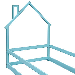 Luxo Abode Twin Size Montessori Floor Bed with Guardrails Fences, Pine Wood Bed Frame w/Chimney House-Shaped Headboard, Easy Assembly, for Toddlers, Children's Room, Playroom, Light Blue