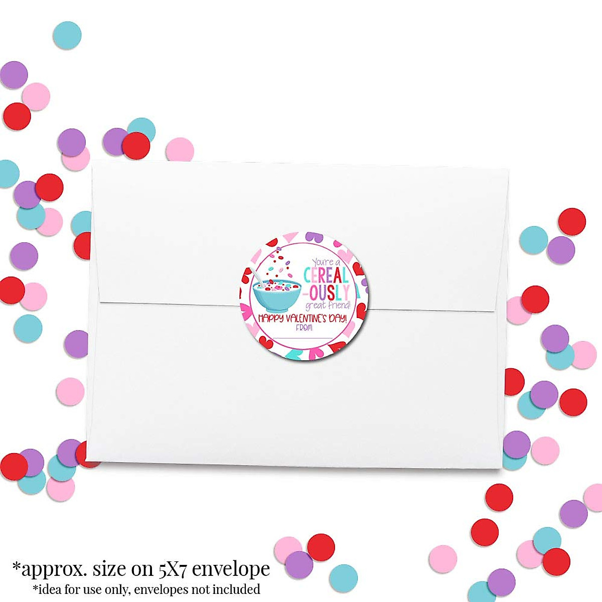 Great Friend Breakfast Cereal Themed Valentine Party Favor Sticker Labels for Kids, 40 2" Party Circle Stickers by AmandaCreation, Great for Classroom Valentines, Envelope Seals, Gifts, Treats