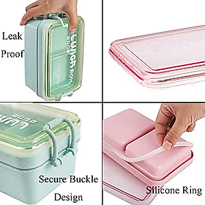 Yesland 3 Packs Bento Box, Wheat Straw 3-In-1 Compartment Japanese Lunch Box with Spoon and Fork, 2 Tier Stackable Lunch Containers for Kids and Adults (Beige, Pink & Green, 950Ml)