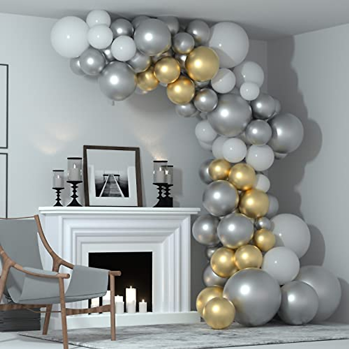 FEPITO Metallic Silver Balloons Garland Kit 84 Pcs Chrome Silver Balloon Different Sizes Pack 18 12 10 5 Inch Silver Party Balloons for Wedding Birthday Graduation Anniversary Bridal Silver Party Decor