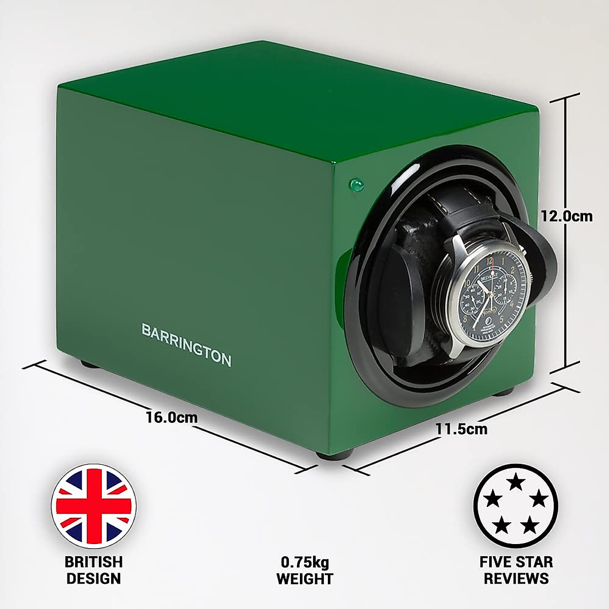 BARRINGTON Single Watch Winder for Automatic Watches with Silent Japanese Motor | Watch Winder for Rolex, Omega & Others | Adjustable TPD 650-1950 | AC Operated | Battery Backup (Racing Green)