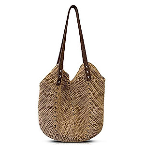 QTKJ Hand-woven Soft Boho Women's Summer Crochet Beach Shoulder Bag PU Leather Handle Woven Handbag for Women (Brown)