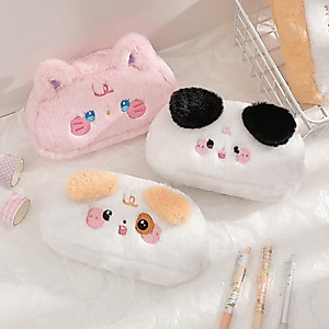 NIORYUZ Fluffy Plush Cute Animal Puppy Kitty Bunny Pencil/Pen Pouch Soft Cosmetic Bag Tote/Travel Organizer Large Capacity (Kitty)