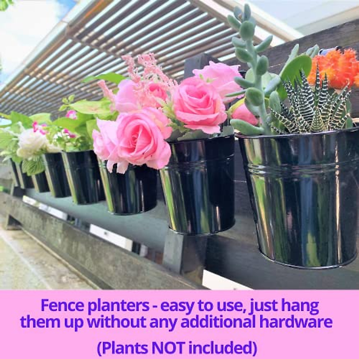 LaLaGreen Railing Planter 10 Pack, 6 Inch Hanging Flower Pot Black, Outdoor Large Metal Iron Fence Bucket, Balcony Garden Wall Deck Porch Patio Rail Decor Hanger Hook Farmhouse Balcony 6'''' (15cm)