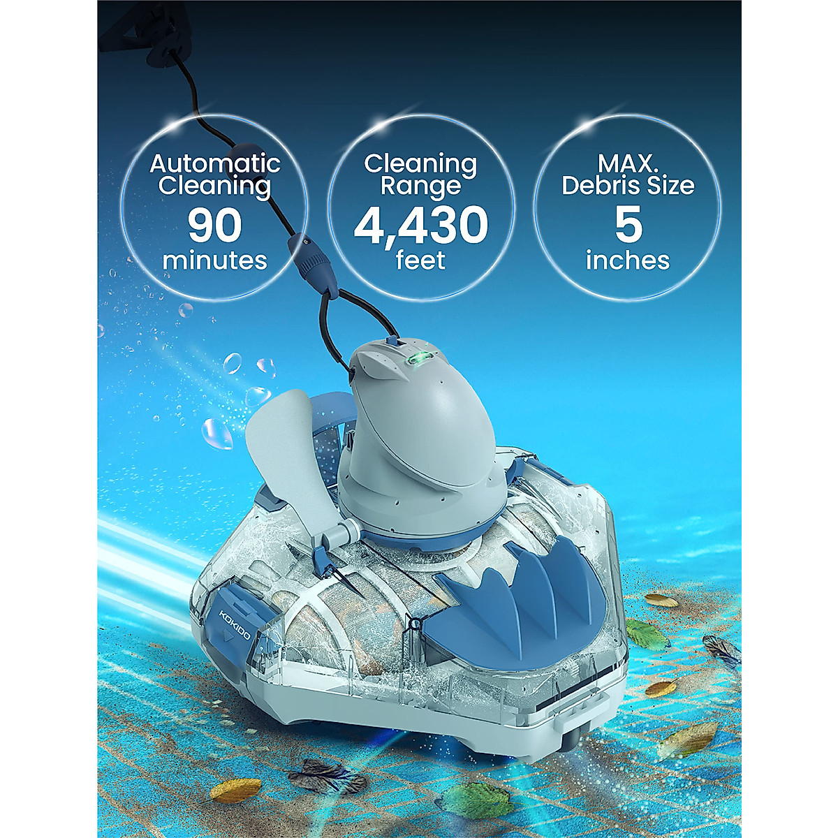 KOKIDO (2023 New) Cordless Robotic Pool Cleaner, Automatic Pool Vacuum for Flat Bottom above/Inground Pools up to 30 Feet. Dirt, Sand, Debris and Leaves (max 5 inch), Last 90 Mins, XTROJET 330