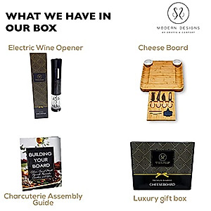 NUBO Cheese Servers - Bamboo Cheese Board and Knife Set with Electric Wine Opener - Charcuterie Board Set, 13 x 13 x 2 Inch Meat, Wine and Cheese Platter - Transforming Cheese Board with Cutlery