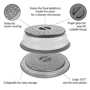 Collapsible Microwave Cover for Food Microwave Splatter Cover Fruit Drainer BPA-Free Dishwasher Safe 10.5 inch (GREY&RED