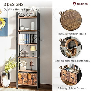 oneinmil 6-Tier Bookshelf with 2 Storage Drawers, Industrial Display Standing Shelf, Rustic Wood Storage Shelf with Metal Frame, Open Bookcases for Living Room, Bedroom, Home Office (Brown)