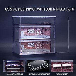 SIKIVOT Double Deck Garage Display Case， 1/64 Scale Parking Lot Model Car， Die-cast Car Garage Display Case，12 Parking Space with LED Light and Acrylic Cover (7642 Red Brick Wall)