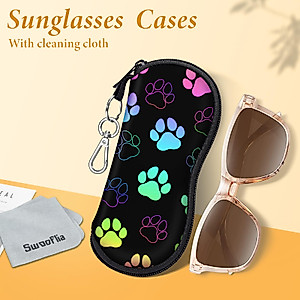 Swooflia Sunglass Glasses Eyeglass Case Bag, Soft Reading Glass Pouch for Kids Women Men Black Paw Neoprene Travel Extra Large Slim Cases with Clip Zipper