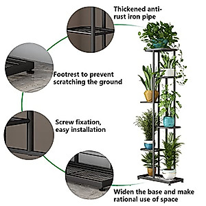 LINZINAR Plant Stand Metal 6 Tier 7 Potted Multiple Flower Pot Holder Shelf Indoor Outdoor Planter Display Shelving Unit for Patio Garden Corner Balcony Living Room Dark Grey