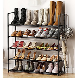HOMICKER Metal Shoe Organizer,5 Tiers Shoe Storage Shoe Rack with Hooks,Fit 20-25 Pairs,Adjustable Shoe Shelf for Entryway,Hallway,Bedroom,Metal Bottom Support