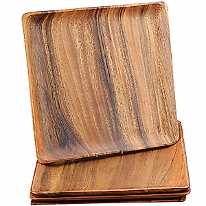 PACIFIC MERCHANTS Acaciaware Acacia Wood 12" Square Plate, Set of 4, Serving Tray, Square Charger Plate, Sustainable, Hand Made, Hawaiian History