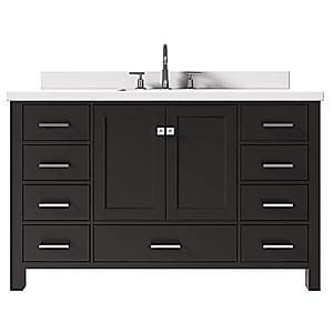 ARIEL Bathroom Vanity 55" Inch in Espresso with Pure White Quartz Countertop, Rectangular Sink, 2 Soft Closing Doors and 9 Full Extension Dovetail Drawers, No Mirror