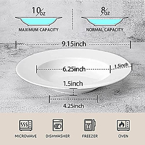 Artena 10 Ounce Pasta Bowls Set of 4, Elegant White Soup Bowls, Wide Rim Salad Bowl, Premium Porcelain Pasta Plate Bowl, Shallow Soup Plates for Eating, Microwave Dishwasher Oven Safe Bowls