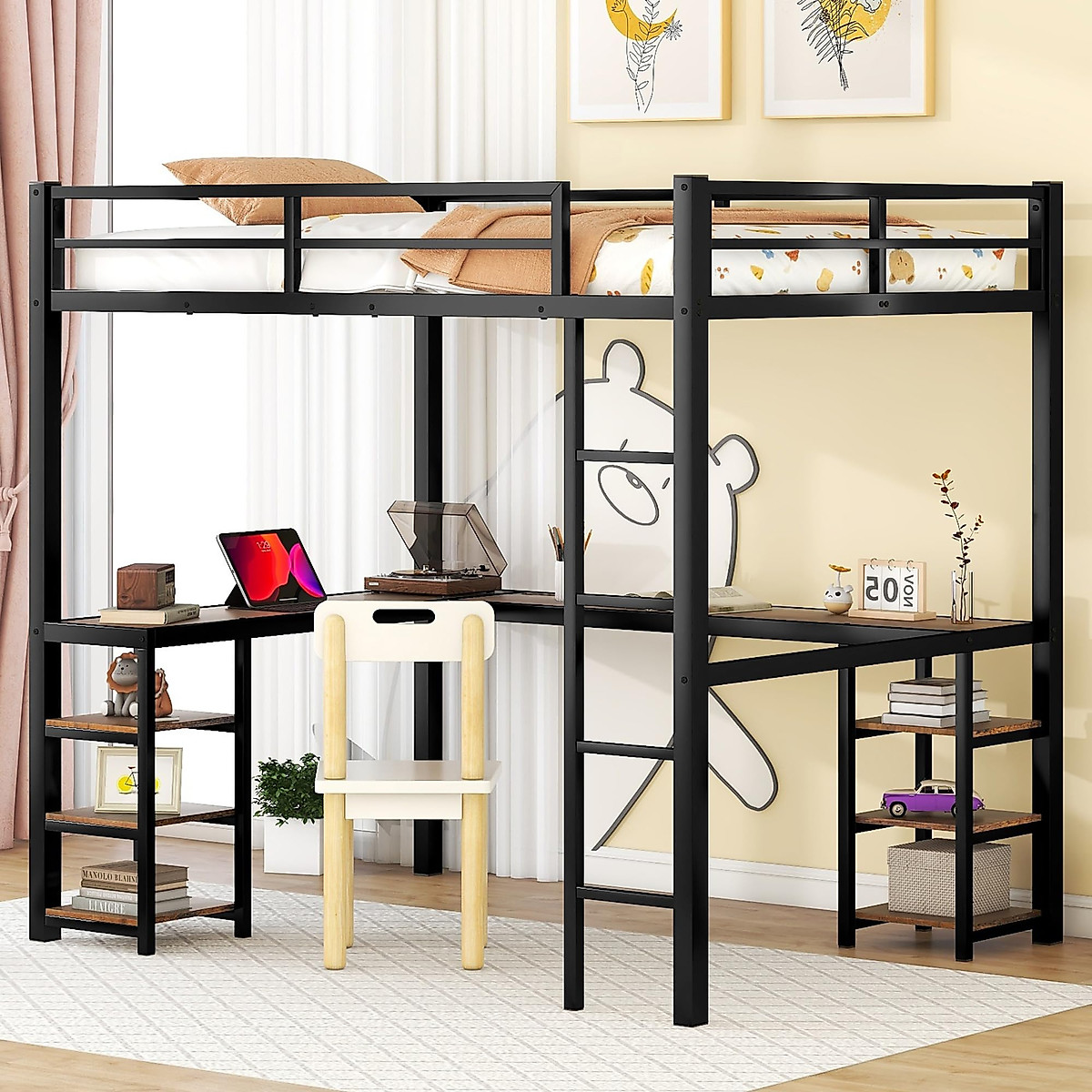 Bellemave Full Size Loft Bed with L Shaped Desk,Metal Frame Loft Bed Full with Storage Shelves,Heavy Duty Metal Loft Bed for Kids,Teens, Noise Free,Black
