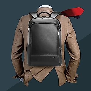 BOPAI Unisex Slim Genuine Leather Laptop Backpack Men for 15-15.6 inch Business Smart Professional Lightweight Backpack with USB Charging Office Commuter Computer Rucksack Executive Anti Theft Black